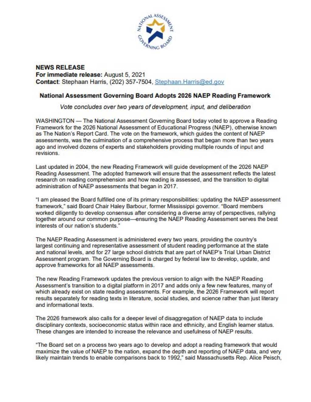 Reading Framework for the 2026 National Assessment of Educational Progress