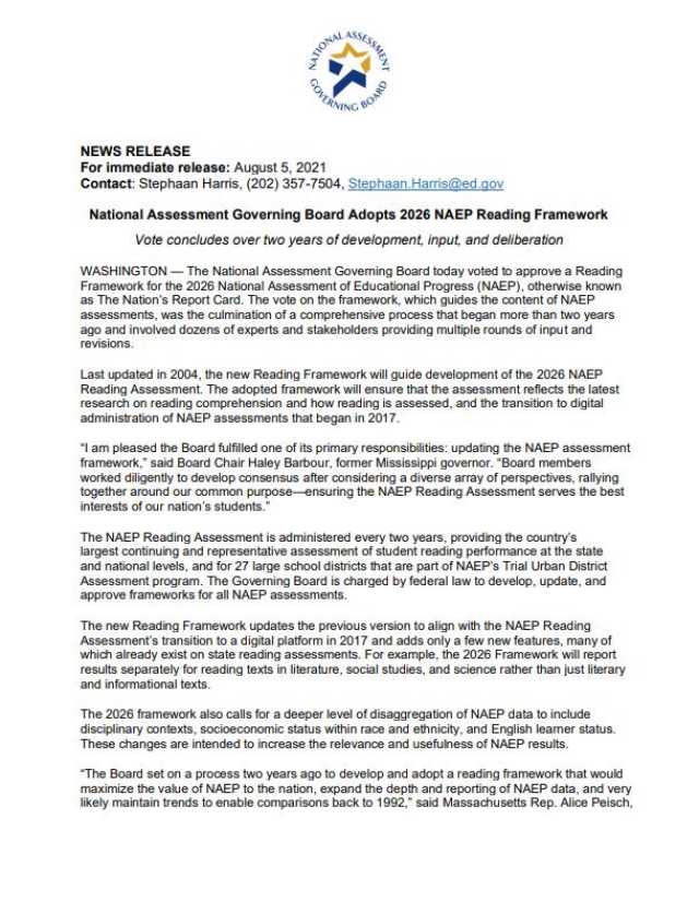 Reading Framework for the 2026 National Assessment of Educational Progress
